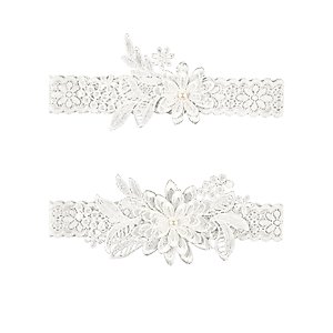 2 Pieces Wedding Garters for Bride Sexy Lace Leg Garter Belt Hand Sewn Faux Pearls Bride Garter Set(White)