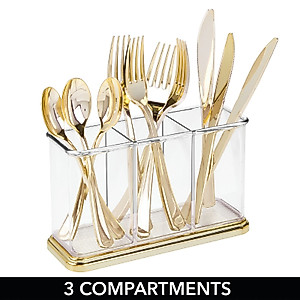 mDesign Plastic Cutlery Utensil Holder Storage Organizer Caddy for Kitchen Countertop Organization - Holds Fork, Knife, Spoon, Silverware - 3 Divided Sections - Hyde Collection - Clear/Soft Brass
