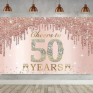 Happy 50th Birthday Backdrop for Women Pink Rose Gold Glitter Po Cheers to 50 Years Party Cake Banner Decor Poster Background
