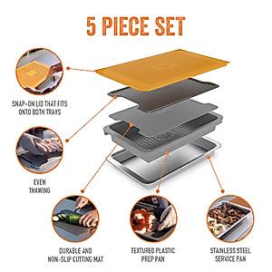 PREP ‘N Serve Premium Set™ - Plastic Container with Lid for Marinades, Stainless Steel Serving Tray, Aluminum Defrosting Tray, and a Plastic Cutting Board - The Ultimate BBQ Food Prep Utensil Set