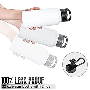 VQRRCKI 32 Oz Insulated Water Bottle with Straw Lid & Wide Mouth Lids, Stainless Steel Sports Water Bottles, Double Walled Vacuum, Leak Proof, White