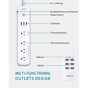 Syantek Remote Control Power Strip with 3 USB Ports, 3 RF Controlled Outlets, 5 FT/1.5 Meter Long Extension Cord, White Power Strip, 10A/1250W for Household and Workstation Appliances