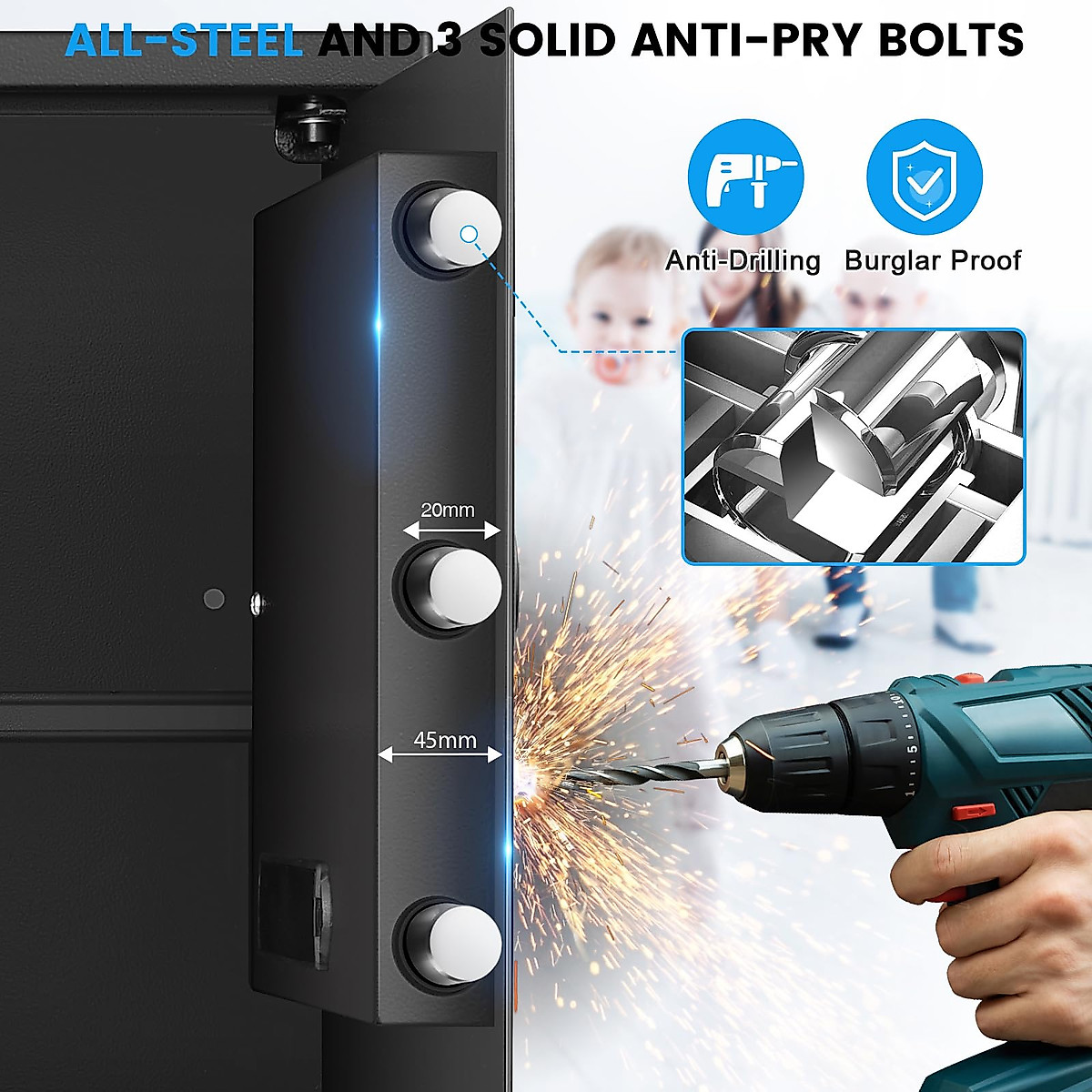 2.8 Cub Large Home Safe Fireproof Waterproof, Steel Home Security Safe Box with Electronic Keypad, Spare Keys and Alarm System, Fireproof Safe for Home Document Money Valuables