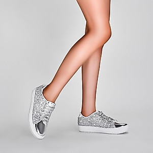 IMPREMEY Women's Glitter Sneakers Lace-Up ，Sparkly Fashion Shoes for Casual Sports Walking Sequin Shoes Silver