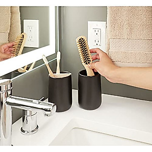 iDesign Ceramic Earth Collection Toothbrush Holder with Paulownia Wood Divider, One Size, Matte Black/Natural