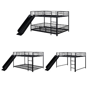 Bellemave Full Over Full Bunk Bed with Slide and Ladder, Metal Bunk Bed for Kids, Girls, Boys, Removable Fence, Low Bunk Bed with Slide, with Door, Black