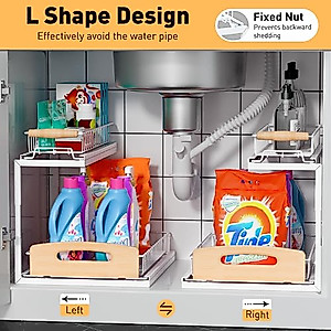 G-TING Under Sink Organizer 2 Tier, L Shaped Sliding Cabinet Basket Organizer, Slide Out Under Cabinet Storage, Multi-Purpose Pull Out Cabinet Organizer for Bathroom, Kitchen, White