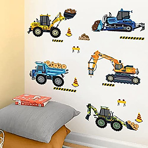 decalmile Construction Vehicles Wall Stickers Trucks Excavator Tractor Wall Decals Kids Bedroom Boys Room Playroom Wall Decor