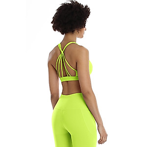 icyzone Padded Strappy Sports Bra Yoga Tops Activewear Workout Clothes for Women (M, Neon Yellow)