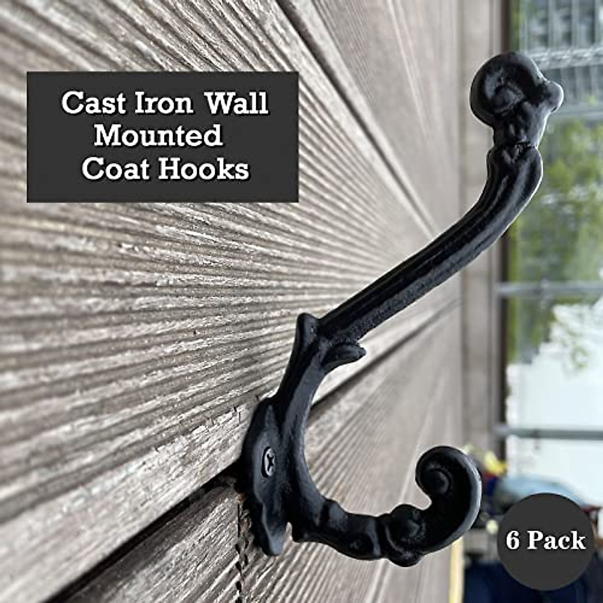6 Pack Cast Iron Wall Hooks Antique Vintage Rustic Farmhouse Coat Hooks, Great for Coats, Bags, Towels, Hats, Mounting Screws Included