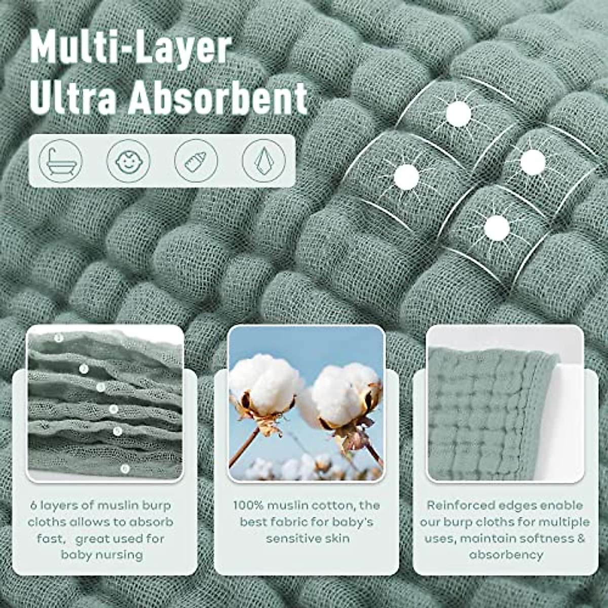 Yoofoss Muslin Burp Cloths 6 Pack Baby Washcloths Large 20''X10'' 100% Cotton 6 Layers Super Soft and Absorbent - Dark Green