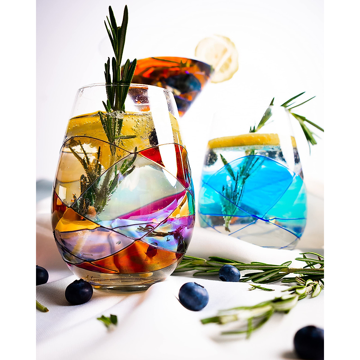 Antoni Barcelona Stemless Wine Glasses 21Oz Hand Painted Mouth Blown Sagrada Familia Gaudi Style Unique Gifts Ideas Authentic Sold Since 2016 Set 2 Original Stainned Crystal Art Lovers