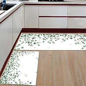Kitchen Rug Set Eucalyptus Leaves 2 Piece Non-Slip Kitchen Floor Mat Rubber Back White Soft Indoor Bathroom Doormat Runner Rug Carpet Set (19.7"x31.5"+19.7"x63")