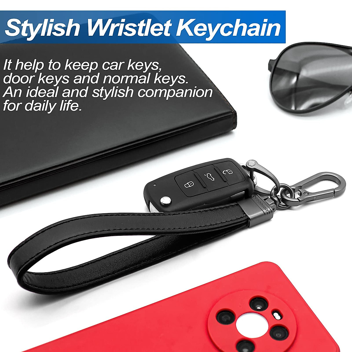 INFIPAR Car Fob Key Chain Genuine Leather Wristlet Strap Keychains Holder for Men and Women, 360 Degree Rotatable, with Anti-lost D-Ring, Carabiner Clip and 4pcs Key Rings, Dark and Black
