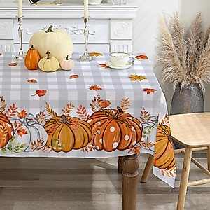 cusugbaso Fall Tablecloth 60x84 Inch Rectangle - Grey Plaid Pumpkins Fall Decorations for Home - Water Resistant Harvest Thanksgiving Table Cloth Rectangle for Party, Dinning, Home