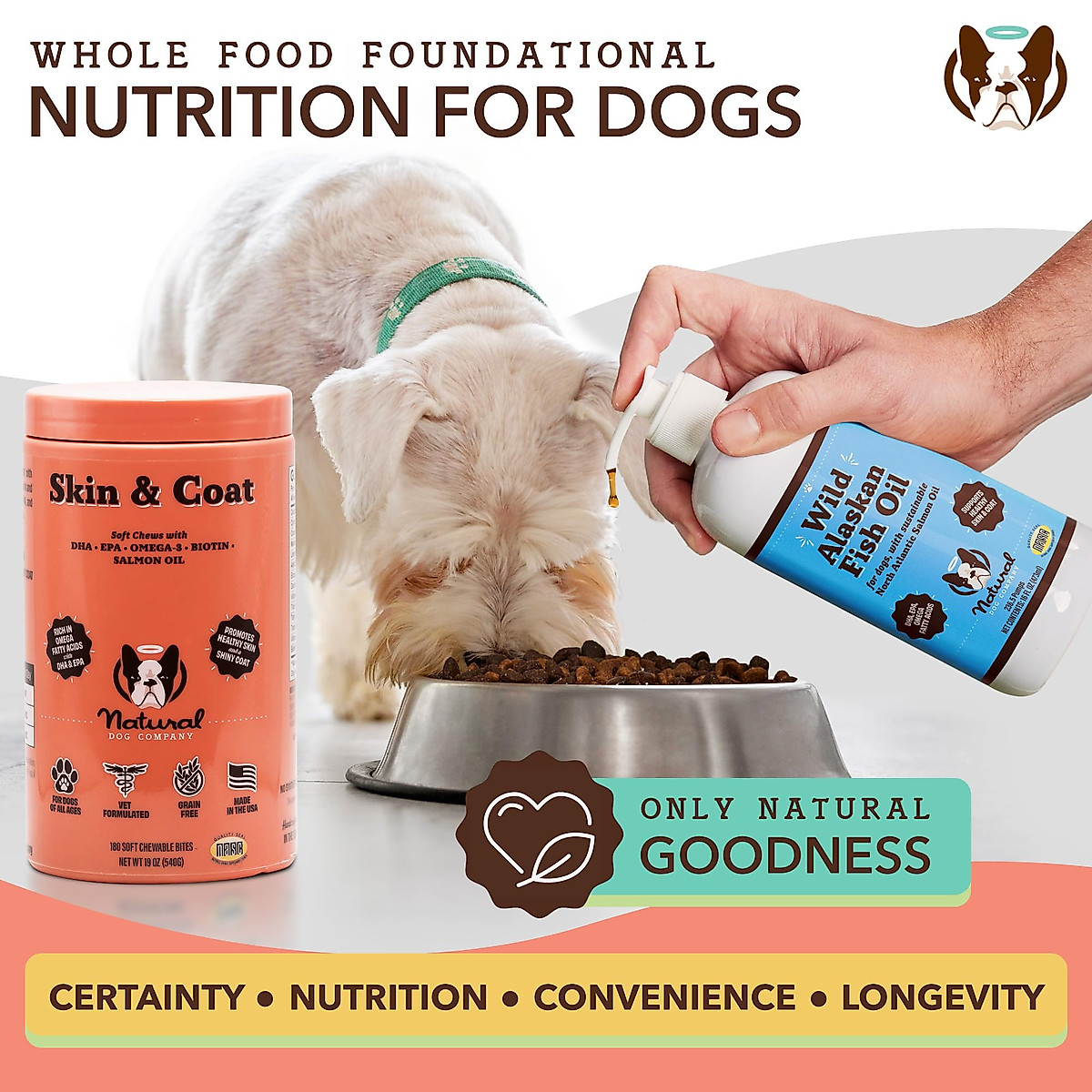 Natural Dog Company Skin & Coat Chews, Salmon & Peas Flavor, Dog Vitamins and Supplements for Healthy Skin & Coat, Itch Relief for Dogs with Allergies, with Biotin, Vitamin E, Omega 3, 180 Count