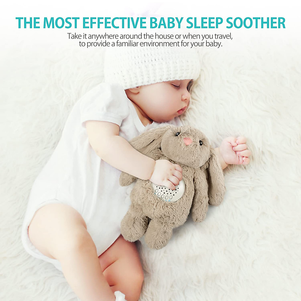 BEREST Baby Sleep Soother Bedtime Bunny with Starry Projector Night Light, Plush Stuffed Animal for Newborn Infants, Lullaby Music, White Noise, Mother's Heartbeat for Boys & Girls Shower Gifts