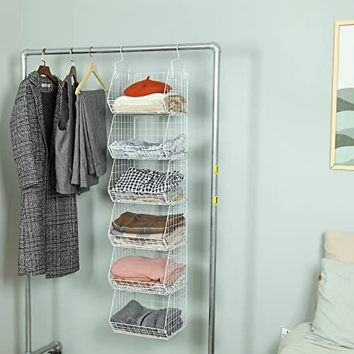 X-cosrack 6 Tier Closet Hanging Organizer, Clothes Hanging Shelves with 4 Hanging Hooks 5 S Hooks, Wire Storage Basket Bins, for Clothing Sweaters Shoes Handbags Clutches Accessories Patent Design