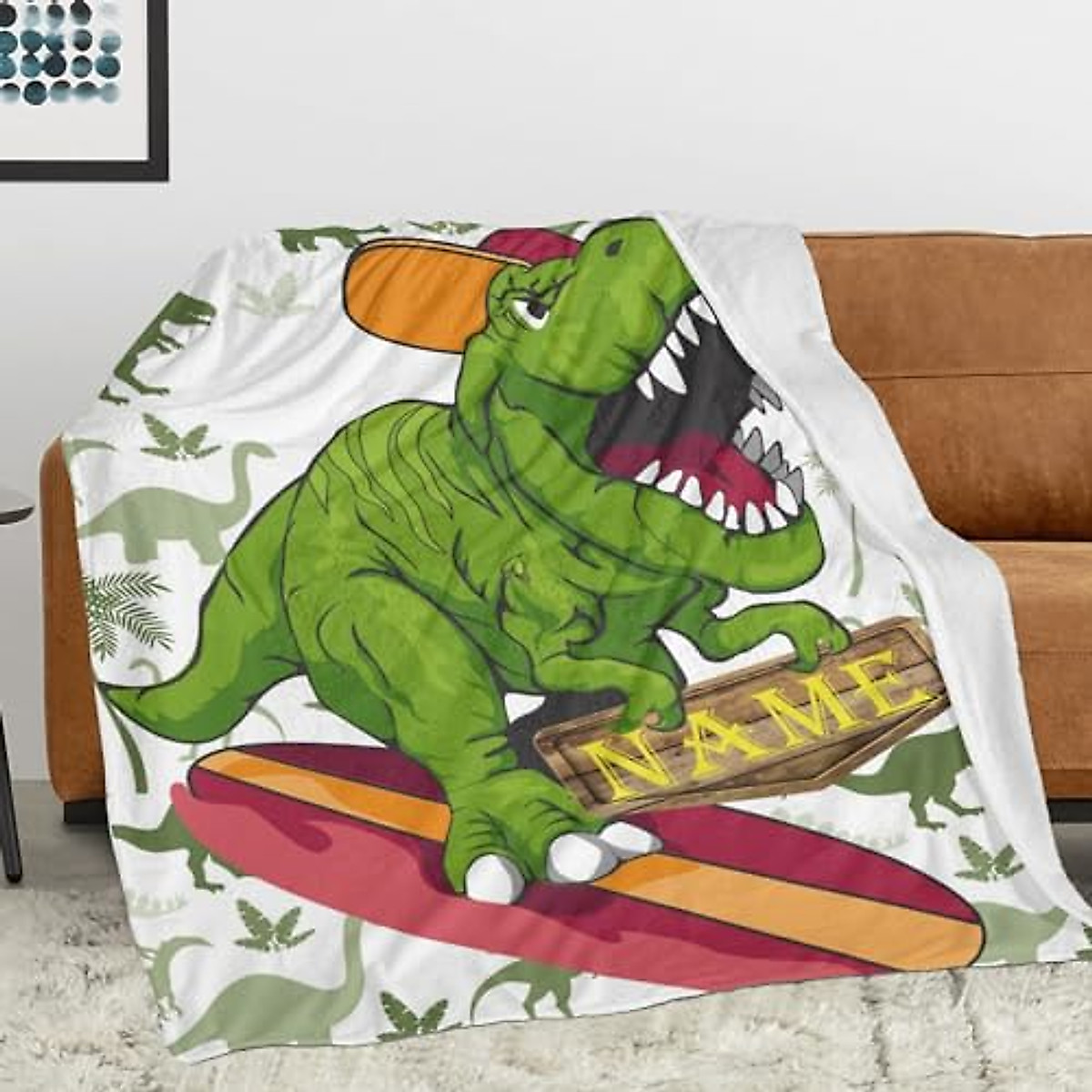 HSSQMH Personalized Dinosaur Blanket for Kids, Custom Dino Throw Blanket with Name for Boys and Girls, Toddler Bed, Room & Bedroom Decor, Unique Blankets for Children