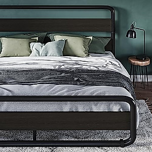 Allewie Queen Size Metal Bed Frame with Curved Wood Headboard and Footboard, Heavy Duty Platform Iron Bed with Under-Bed Storage, Noise Free, No Box Spring Needed, Easy Assembly, Black
