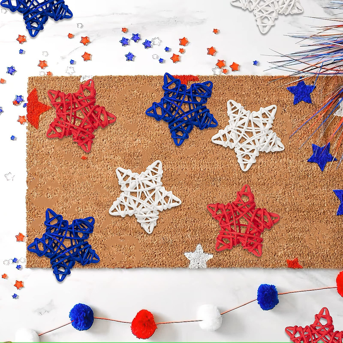18pcs 4th of July Star Rattan Decoration, Red Blue White Stars for 4th of July Independence Day Home Decor DIY Craft Vase Bowl Filler Table Decoration