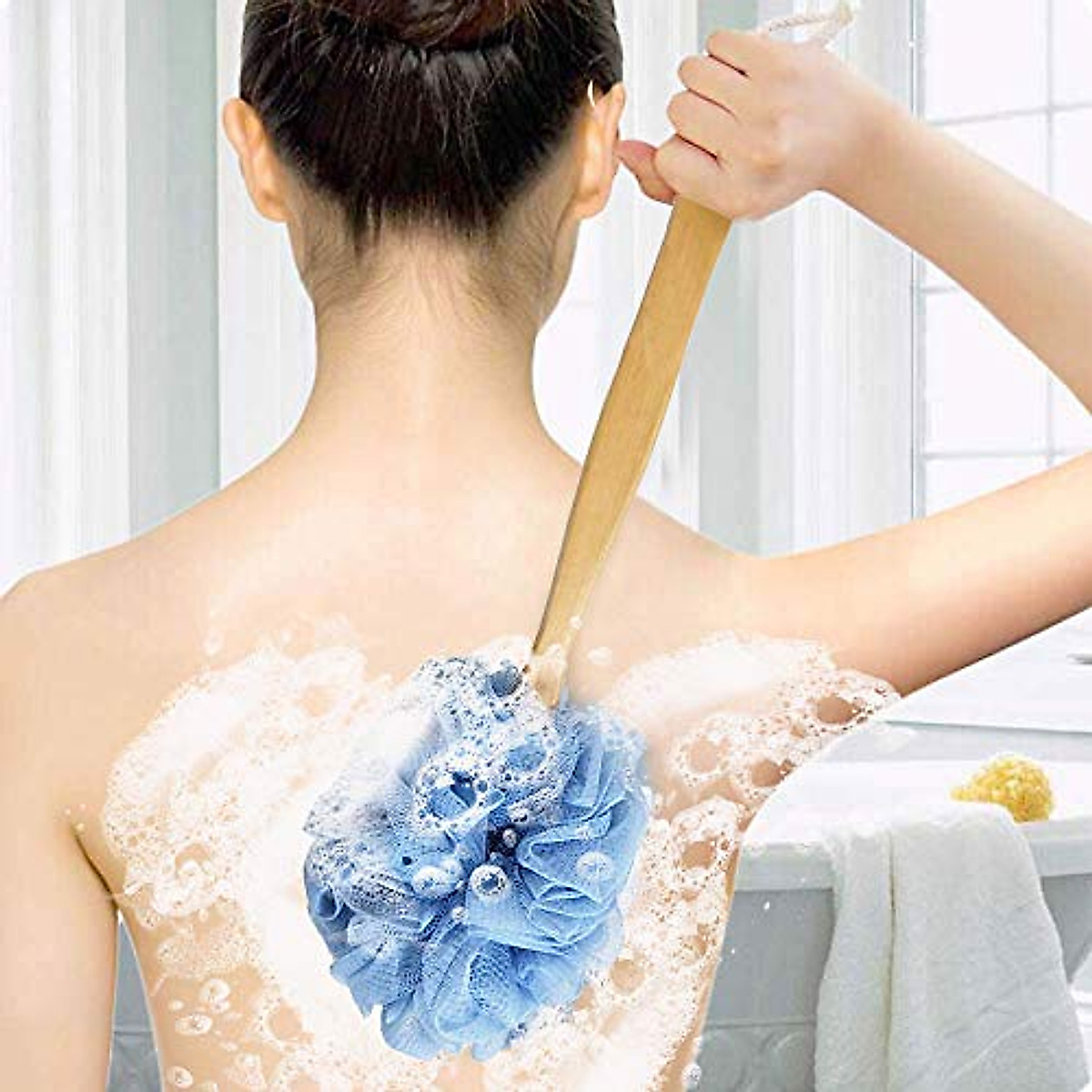 RASDDER Loofah on a Stick, Loofah Back Scrubber for Shower, Bath Sponge with Handle, PE Soft Mesh Luffas, Exfoliating Luffa for Men and Women