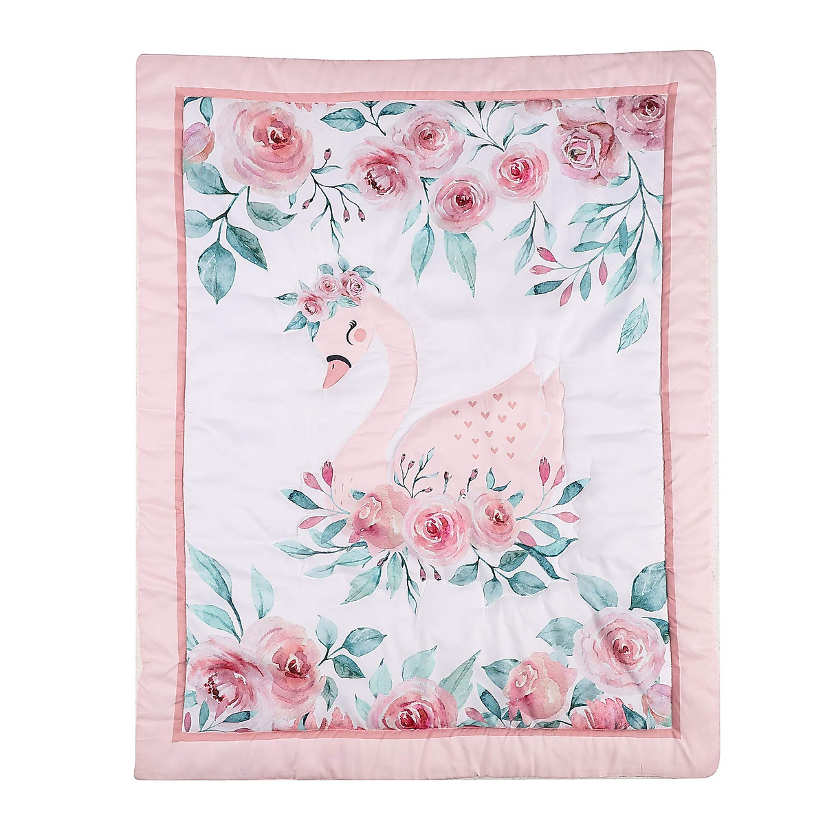 CribMATE 4 PCs Pink Rose Swan Nursery Crib Bedding Set Baby Girl Floral Swan Themed Cot Bedding Set 1 Quilt 1 Skirt 1 Fitted Sheet 1 Window Valance, Pink White, 28 X 52