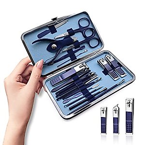 ATENTO Premium Manicure Set Nail Clippers Pedicure Kit, 18 Pcs Stainless Steel Manicure Kit, Professional Nail Care Tools Fingernail Clippers Grooming Kits, Nail Set Kit for (Blue)