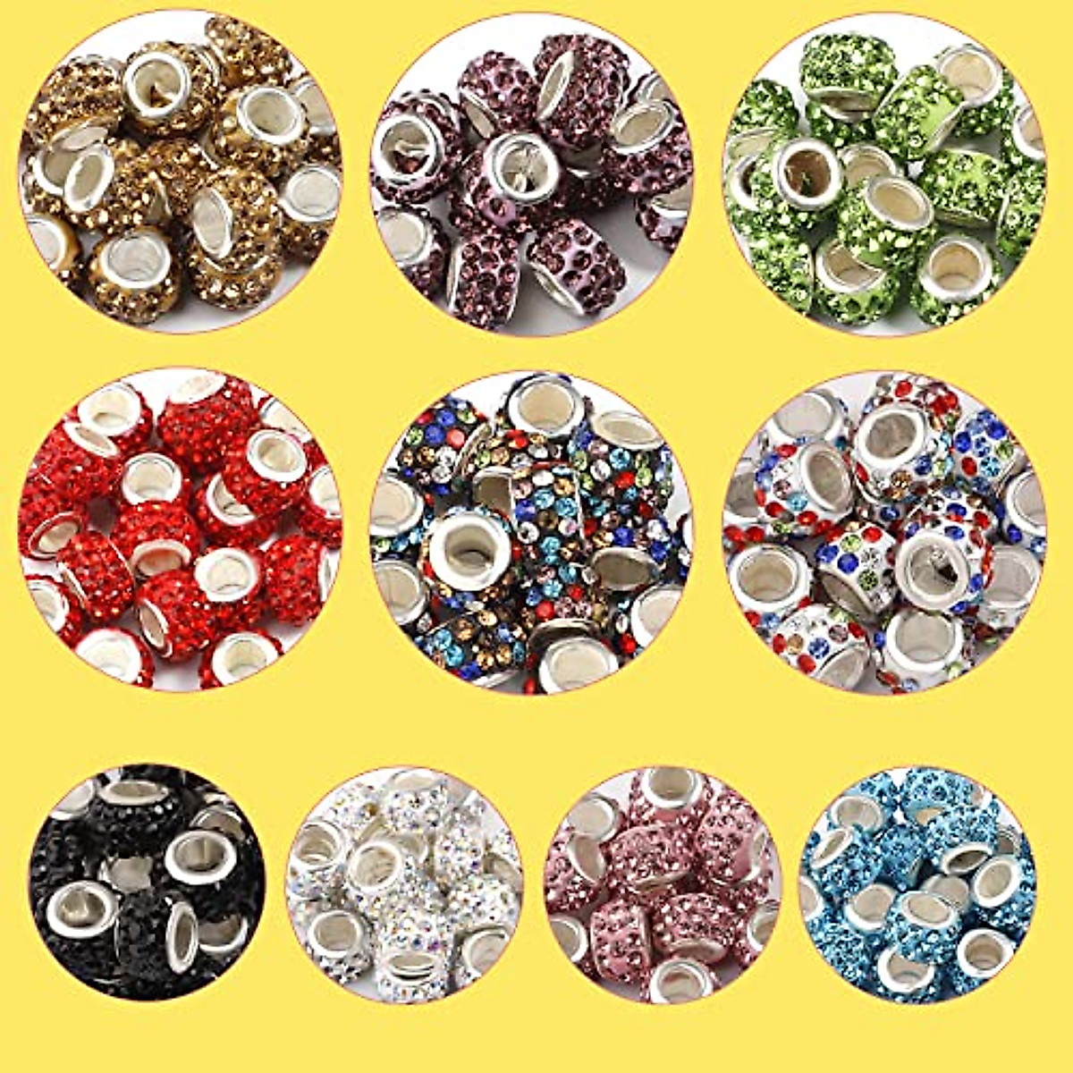 200 PCS European Large Hole Beads Rhinestone Colorful European Beads Crystal Large Hole Craft Beads for DIY Charms Bracelet Jewelry Making