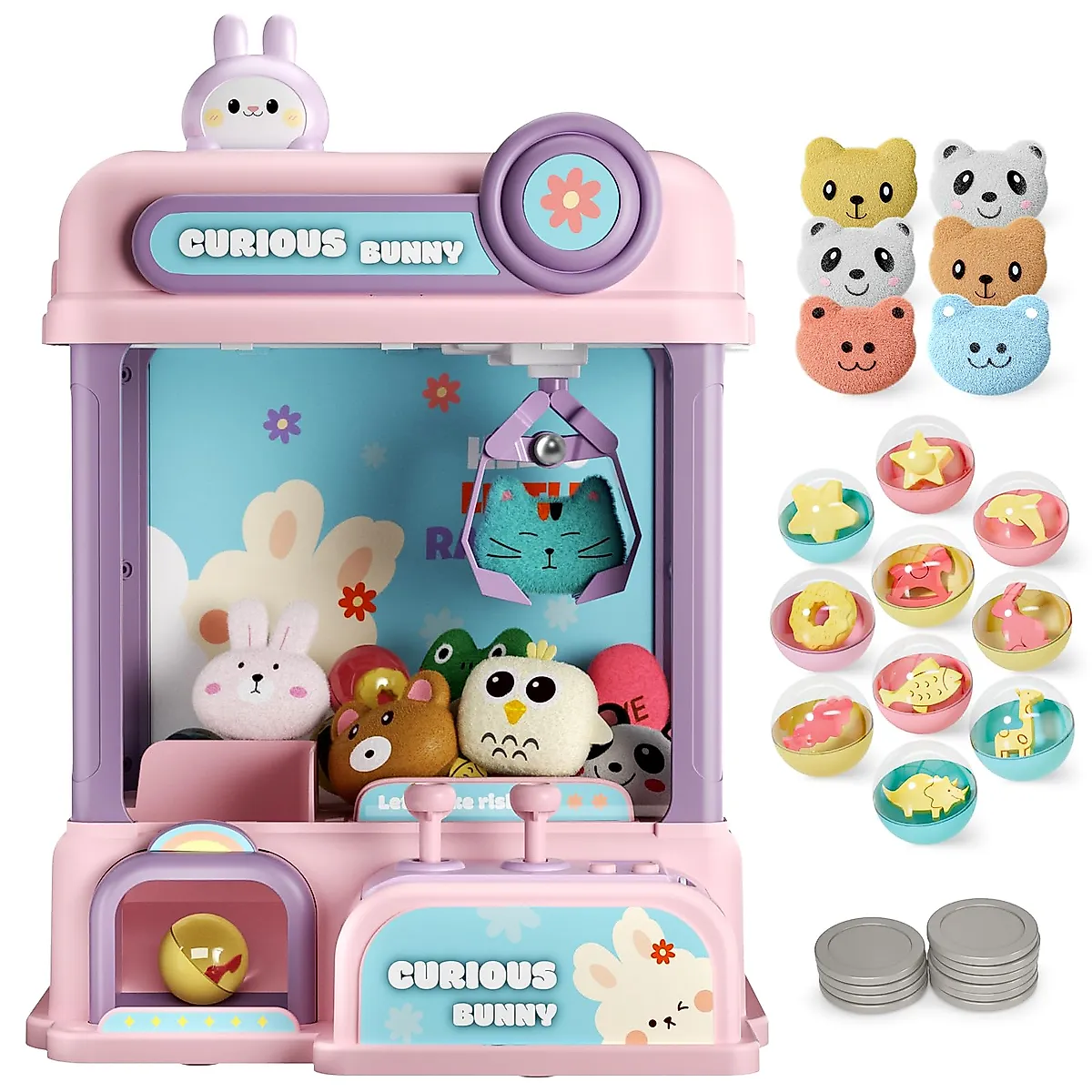 DOLIVE Claw Machine Doll Capsule ,Kids Machines with 6 Dolls 10 Capsule Toys, Grabber Plush, Electronic Adjustable Sounds and Music, Dispenser Arcade Game Toys for Boys Girls