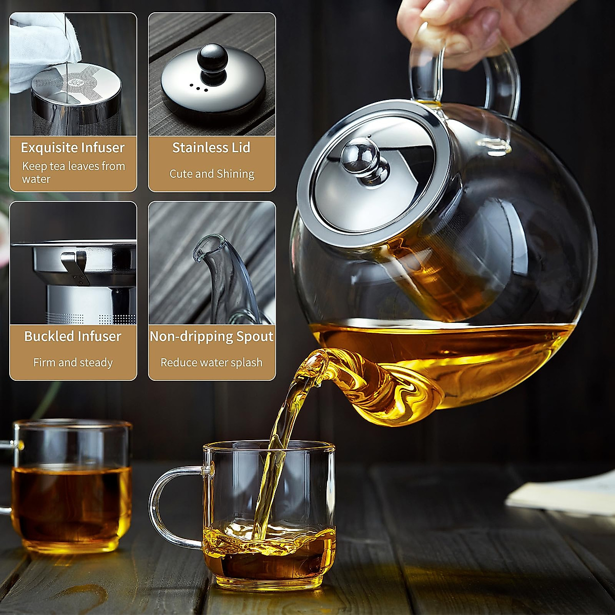 DOPUDO 40OZ (1200ML) Glass Teapot Tea Pot With Infuser, Glass Kettle For Stove Top, Tea Glass Pot, Glass Tea Cup With Infuser And Lid For Loose Leaf Tea Steeper, Microwave Dishwasher Safe