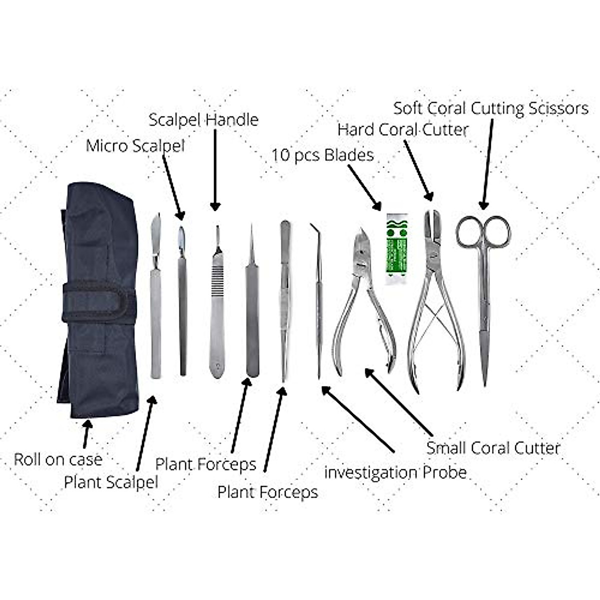 DR Instruments 10FK Ultimate Coral Fragging and Coral Propagation Kit for Reef Hobbyists - 19 Pcs, Rollup case, Stainless Steel Instruments