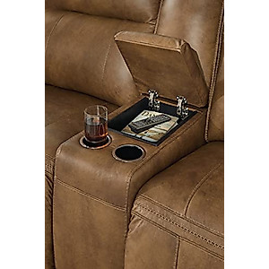 Signature Design by Ashley Game Plan Contemporary Tufted Leather Power Reclining Loveseat with Console and Adjustable Headrest, Light Brown