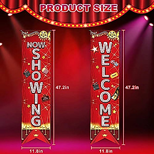 2Pcs Movie Night Party Decorations Porch Sign Banner Movie Theme Wall Decor Welcome Now Showing Movie Background Hanging Porch Sign for Home Film Backdrop Party Supplies