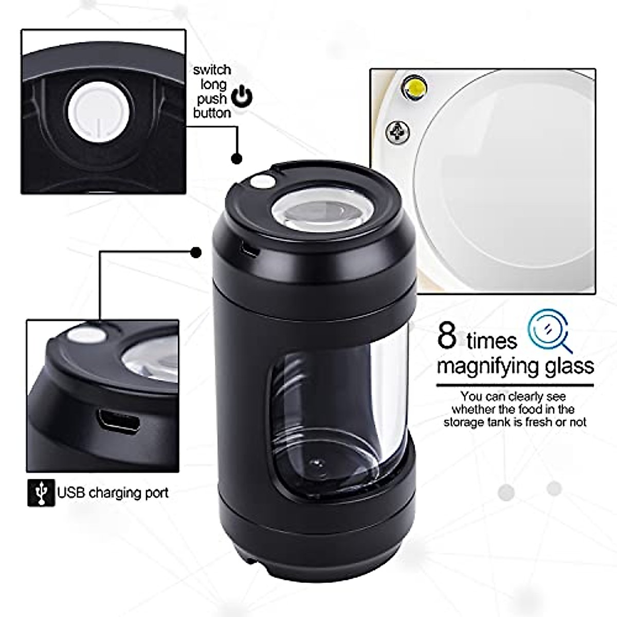 METSHOW Light-Up LED Transparent Seal Storage Jar，Magnifying Viewing Glass Airtight Jar with Grinder ，8 x Magnification Glass(Black)