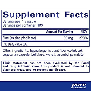 Pure Encapsulations Zinc 30 mg | Zinc Picolinate Supplement for Immune System Support, Growth and Development, and Wound Healing* | 180 Capsules