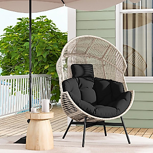 Tangkula Oversized Egg Style Chair, Wicker Stationary Patio Egg Chair w/Cushions & Headrest, Heavy-Duty Metal Frame, Patio Lounge Basket Sofa Chair for Yard, Porch, Living Room