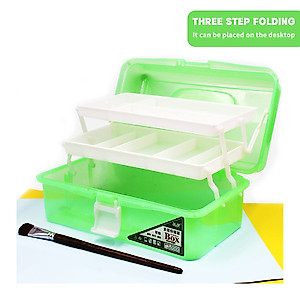 Zhousensen 13in Three-Layer Clear Art Storage Box Craft Organizer, Folding Tool Box with Handle, Art & Crafts Case/Sewing Supplies Organizer for Home School Office Travel (Green)