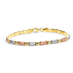 14k REAL Tri Color Gold Diamond Cut Stampato XOXO Bracelet with Lobster Claw Clasp - 7.25"