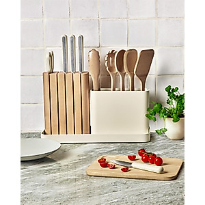 Caraway 14-Piece Kitchen Prep Set - Kitchen Knife Set & Wooden Utensil Set - Made With Premium German Steel Blades & FSC-Certified Birch Wood - Non-Toxic Materials - Includes Organizer - Cream