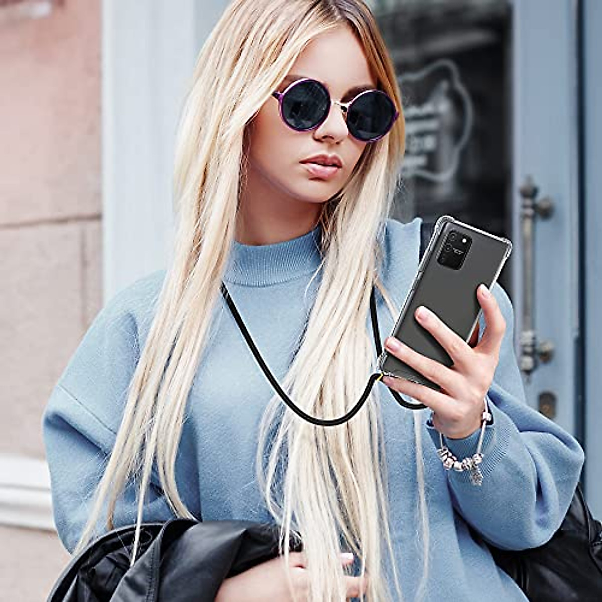 kwmobile Crossbody Case Compatible with Samsung Galaxy S10 Lite Case - Clear TPU Phone Cover w/Lanyard Cord Strap - Black/Transparent