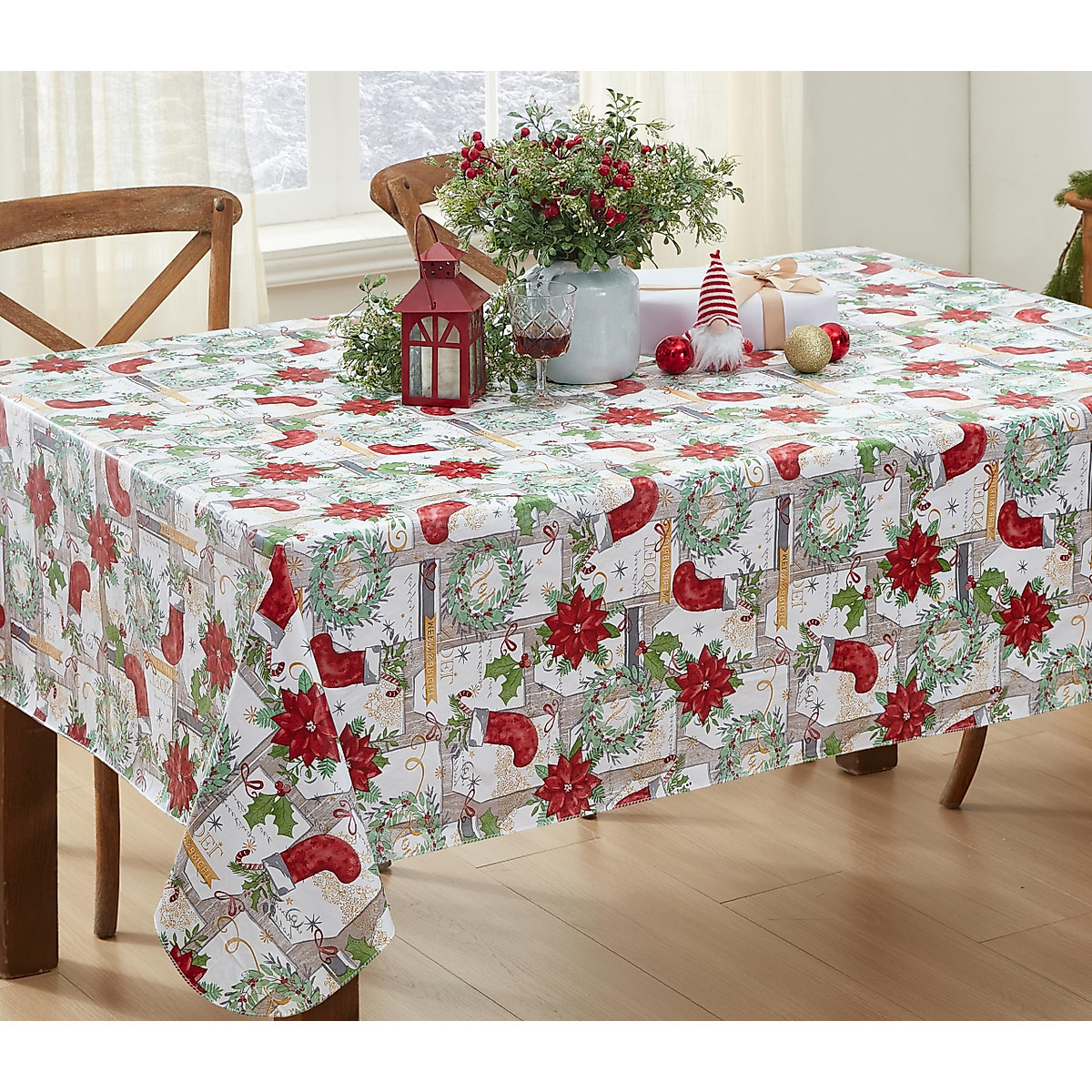 Newbridge Merry Christmas Stocking Holiday Vinyl Flannel Backed Tablecloth - Noel Christmas Wreath, Festive Seasons Greetings Print Wipe Clean Easy Care Xmas Tablecloth, 60” x 102” Oblong/Rectangle