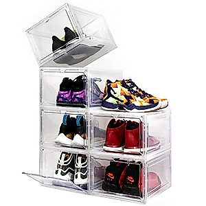 Drop Front Shoe Storage Box, Set of 6 Shoe Boxes Clear Plastic Stackable with Acrylic Lids, Shoe Organizer Containers for Closet, Shoe Case for Display Sneakers, Fit up to US Size 12 (XL, Clear)