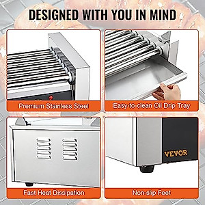VEVOR Hot Dog Roller 7 Rollers 18 Hot Dogs Capacity 1050W Stainless Sausage Grill Cooker Machine with Dual Temp Control Glass Hood Acrylic Cover Bun Warmer Shelf Removable Oil Drip Tray, ETL Certified