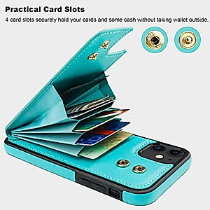 Folosu Compatible with iPhone 11 Case Wallet with Card Holder, 360°Rotation Finger Ring Holder Kickstand Protective RFID Blocking PU Leather Double Buttons Flip Shockproof Cover 6.1 Inch Green
