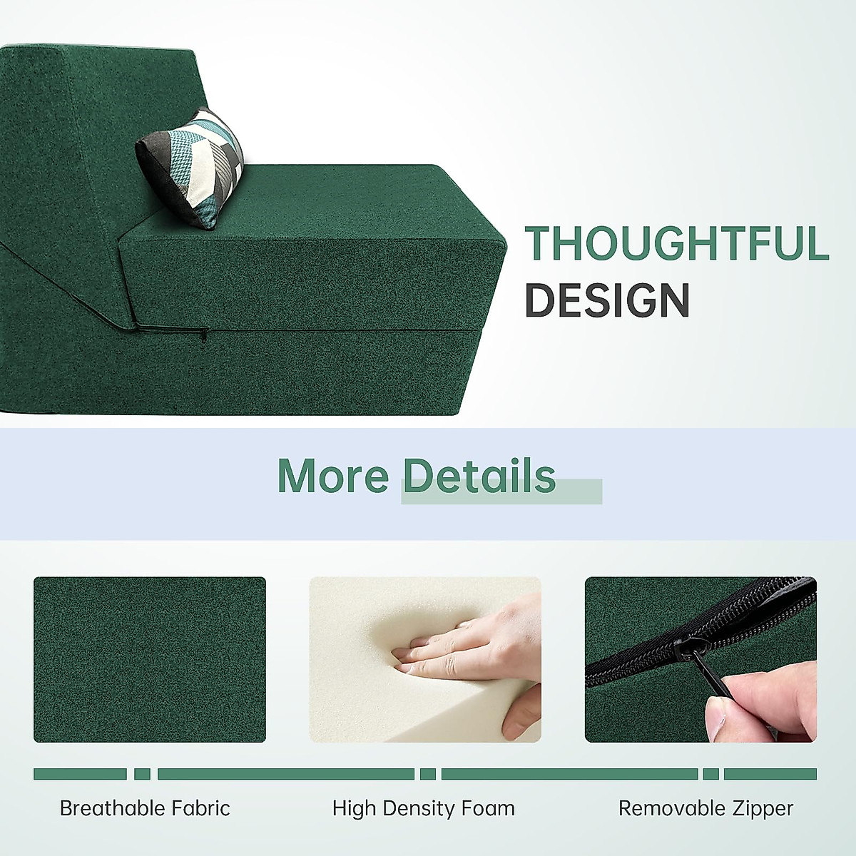 ANONER Convertible Chair Bed Sleeper with Memory Foam & Pillow Fold Out Chair Bed Couch Lounge Chaise for Living Room Bedroom Guest Room Home Office, Dark Green