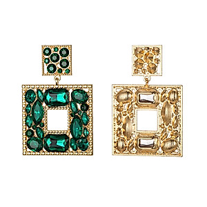 BriLove St Patricks Day Earrings Art Deco Sparkly Rhinestone Geometric Emerald Cut Statement Dangle Earrings for Women Green Gold-Tone