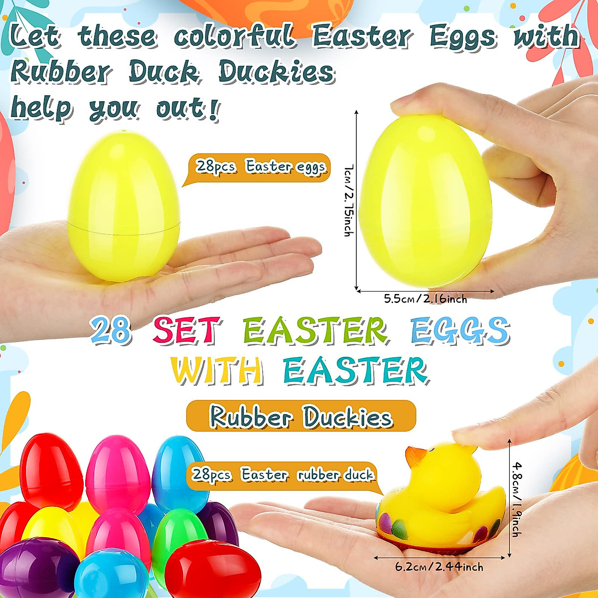 28 Sets Easter Eggs Filled with Rubber Duck, Plastic Egg Prefilled with Assorted Rubber Duck Multicolor Bunny Small Duck for Bathtub Toys, Easter Basket Stuffers and Party Favors, Class Prizes, 56 Pcs