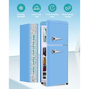 EUASOO FLS-80-Blue 3.5Cu.Ft Compact Refrigerator, Small Refrigerator with freezer, Retro Fridge with Dual Door, 7 Level Adjustable Thermostat for Garage, Dorm,Bedroom, Office, Apartment