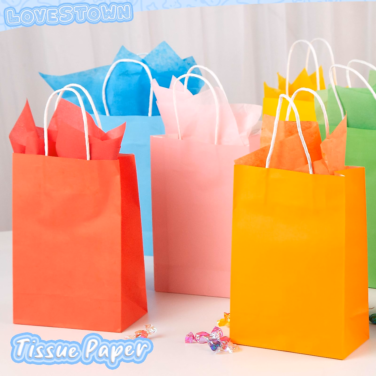 LovesTown 18PCS Gift Bags with Tissue Paper, Party Favor Bags with Handles Small Gift Bags Set 6 Colors for Gift Wrap Birthday and Wedding